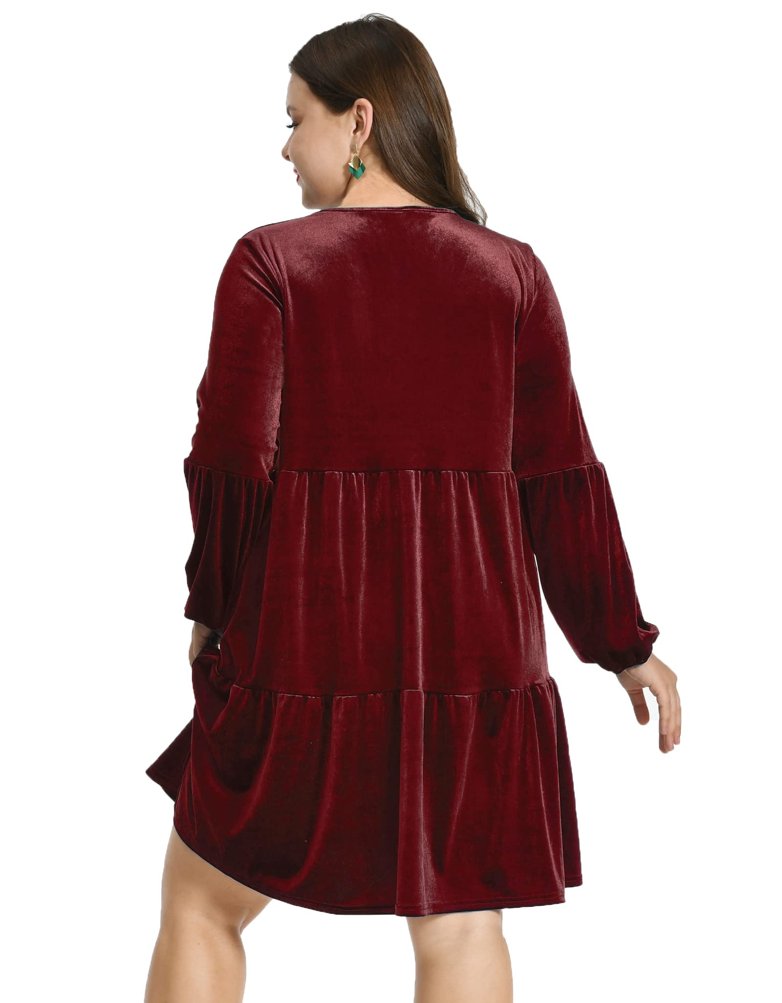 EORANF Womens Plus Size Velvet Dress Long Sleeve Christmas High Waist Dresses Ruched V Neck Tea Party Dress Wine Red 3XL