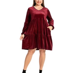 EORANF Womens Plus Size Velvet Dress Long Sleeve Christmas High Waist Dresses Ruched V Neck Tea Party Dress Wine Red 3XL