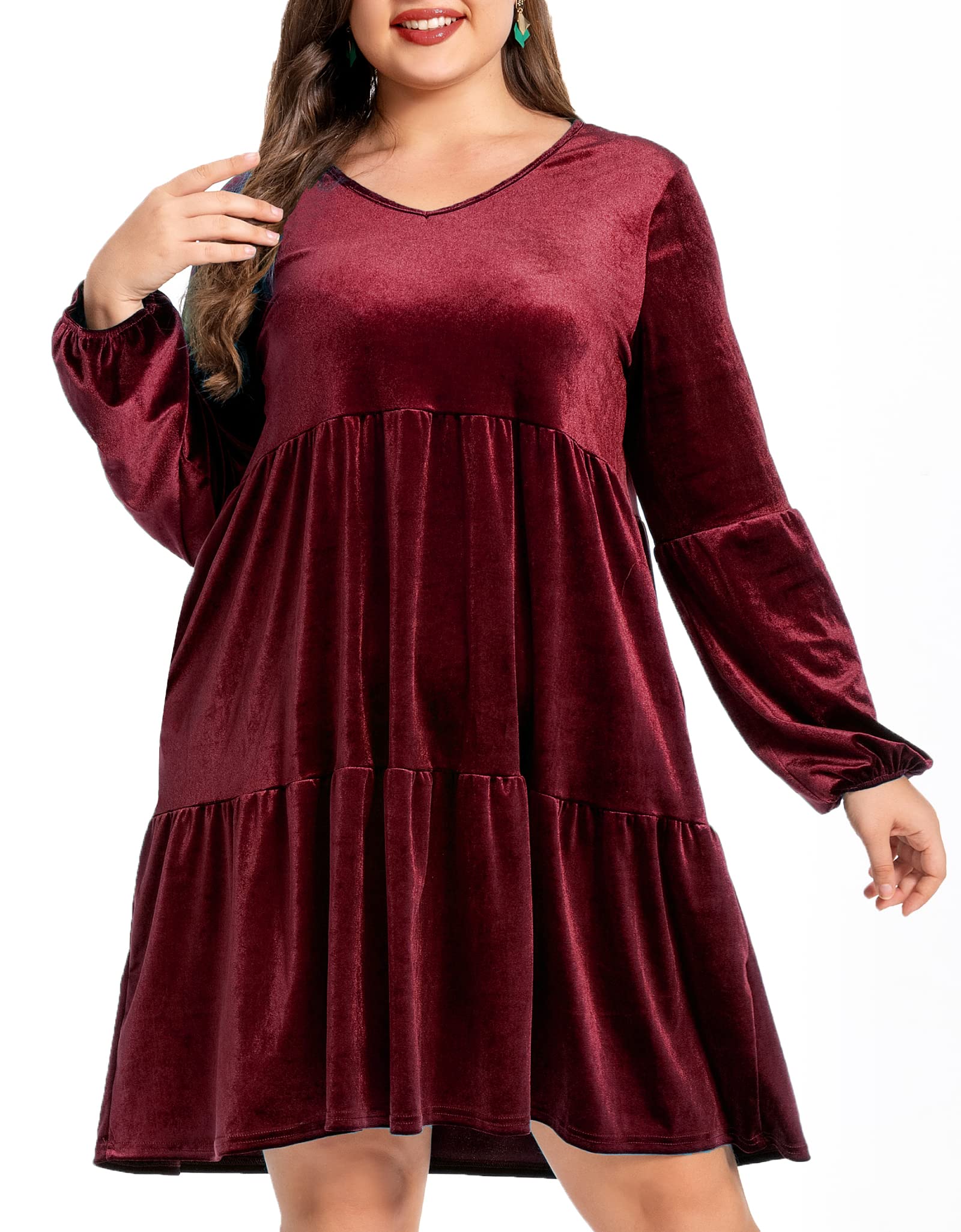 EORANF Womens Plus Size Velvet Dress Long Sleeve Christmas High Waist Dresses Ruched V Neck Tea Party Dress Wine Red 3XL