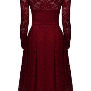 MISSMAY Women's Vintage Floral Lace Long Sleeve Boat Neck Cocktail Party Swing Dress (X-Large, A-red, x_l)