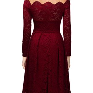 MISSMAY Women's Vintage Floral Lace Long Sleeve Boat Neck Cocktail Party Swing Dress (X-Large, A-red, x_l)