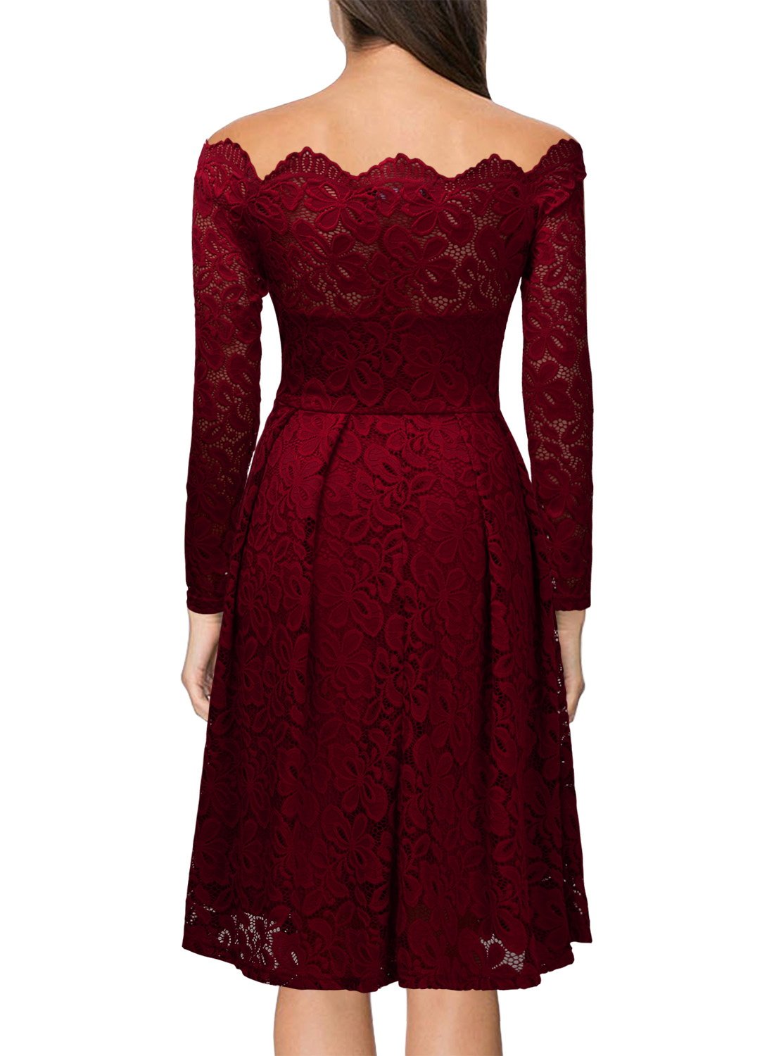 MISSMAY Women's Vintage Floral Lace Long Sleeve Boat Neck Cocktail Party Swing Dress (X-Large, A-red, x_l)