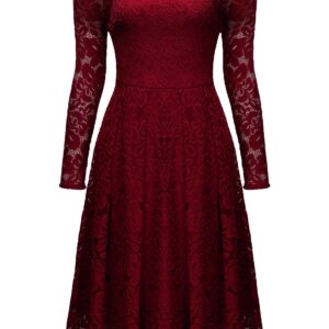 MISSMAY Women's Vintage Floral Lace Long Sleeve Boat Neck Cocktail Party Swing Dress (X-Large, A-red, x_l)