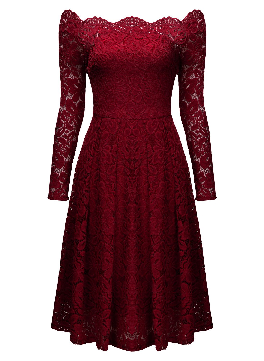 MISSMAY Women's Vintage Floral Lace Long Sleeve Boat Neck Cocktail Party Swing Dress (X-Large, A-red, x_l)