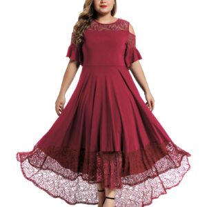 LALAGEN Womens Plus Size Casual Lace Cold Shoulder Long Plain Evening Party Maxi Dress Red 3X