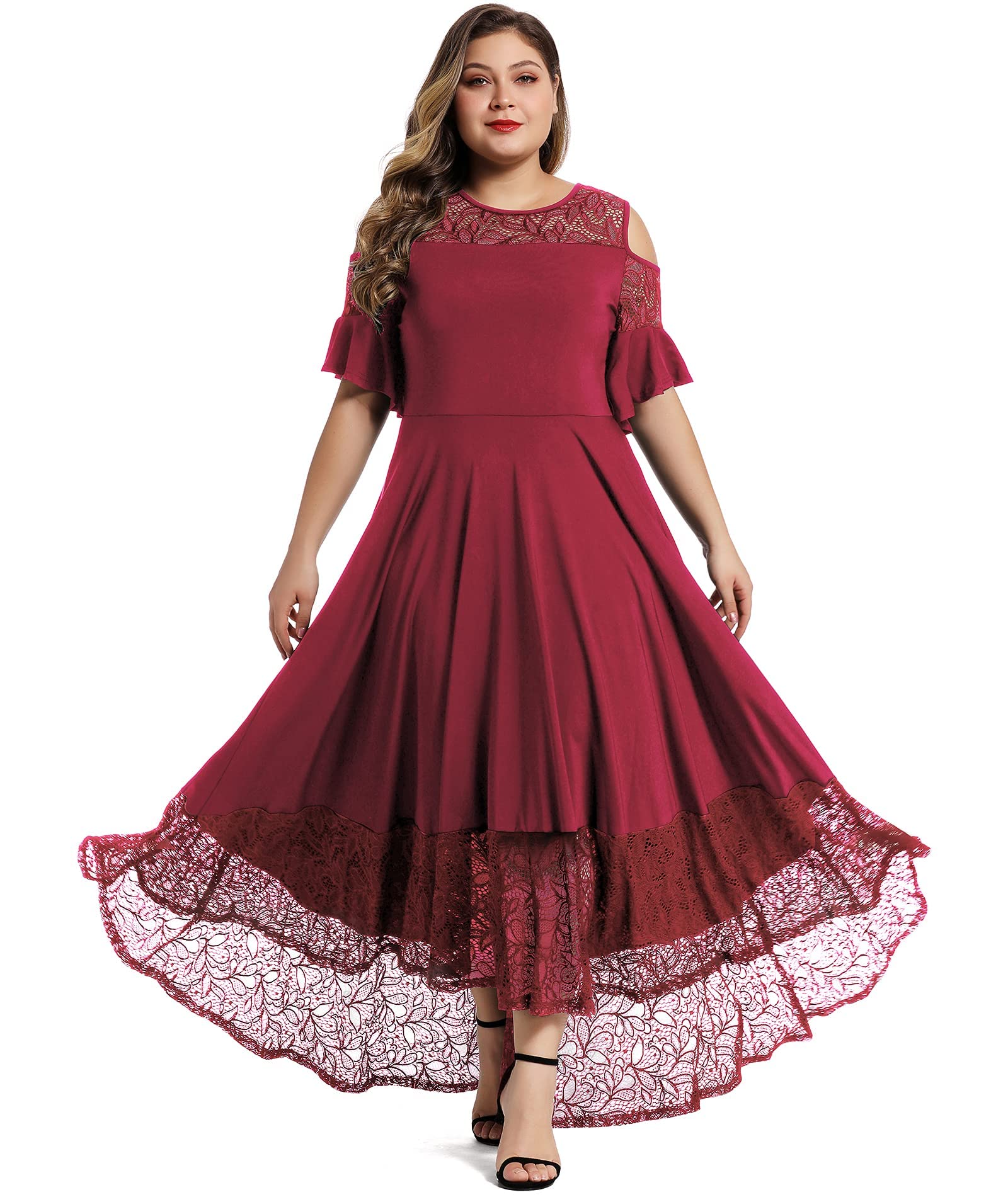 LALAGEN Womens Plus Size Casual Lace Cold Shoulder Long Plain Evening Party Maxi Dress Red 3X