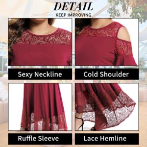 LALAGEN Womens Plus Size Casual Lace Cold Shoulder Long Plain Evening Party Maxi Dress Red 3X