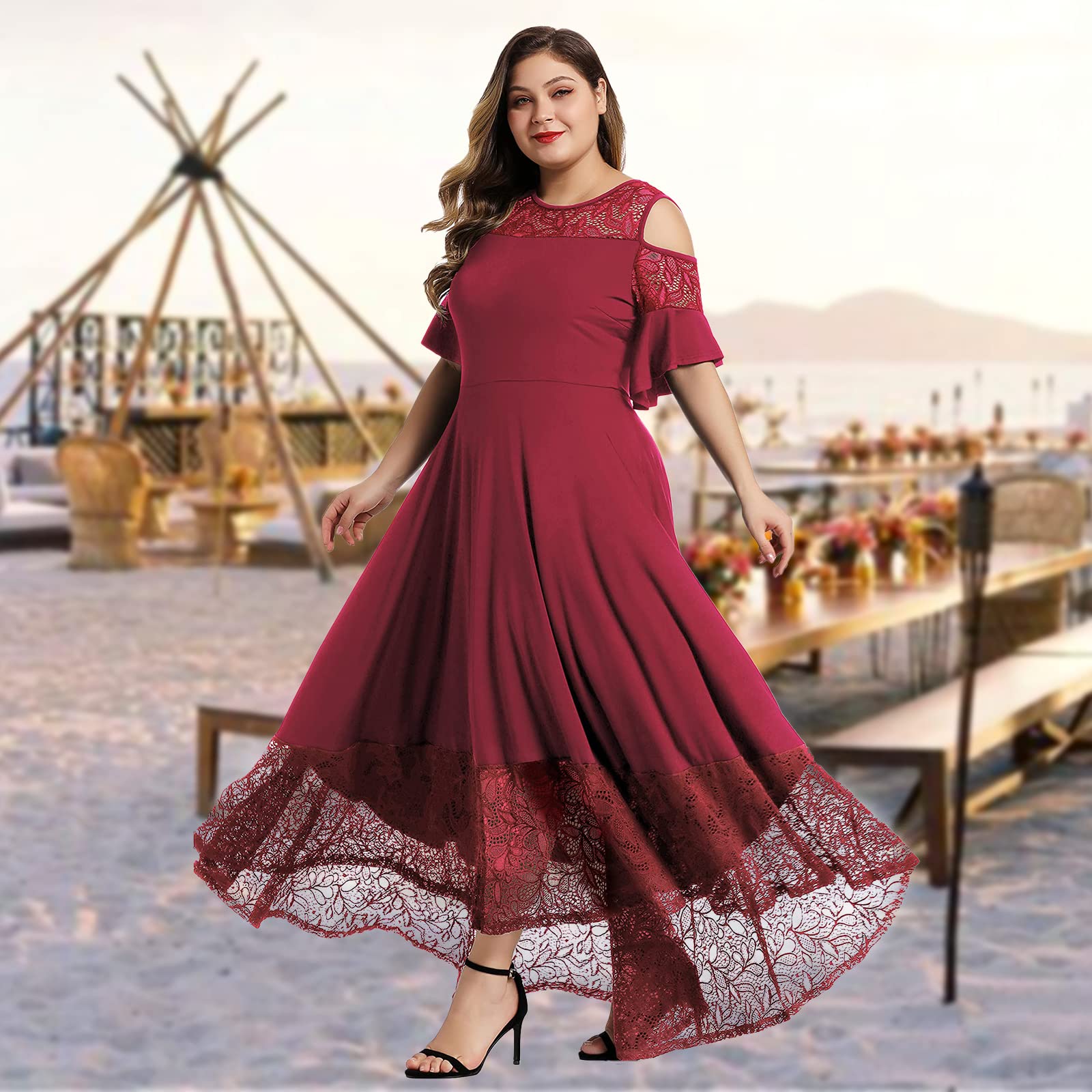 LALAGEN Womens Plus Size Casual Lace Cold Shoulder Long Plain Evening Party Maxi Dress Red 3X