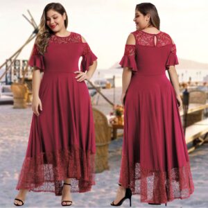 LALAGEN Womens Plus Size Casual Lace Cold Shoulder Long Plain Evening Party Maxi Dress Red 3X