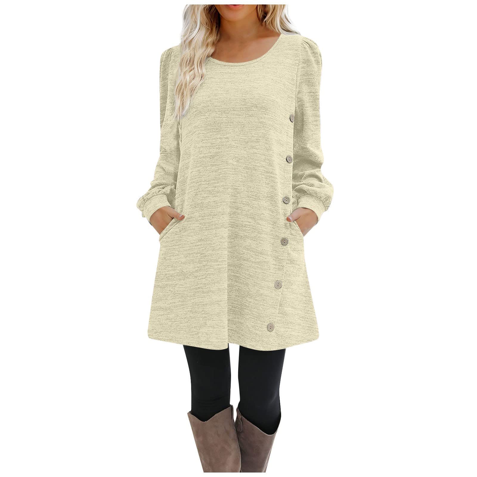 XPSJBBB Dresses for Women 2023 Long Sleeve Solid Color Shirt Dress Plus Round Neck Button Side Sweater Dresses Fall Clothes, Christmas Dresses for Women