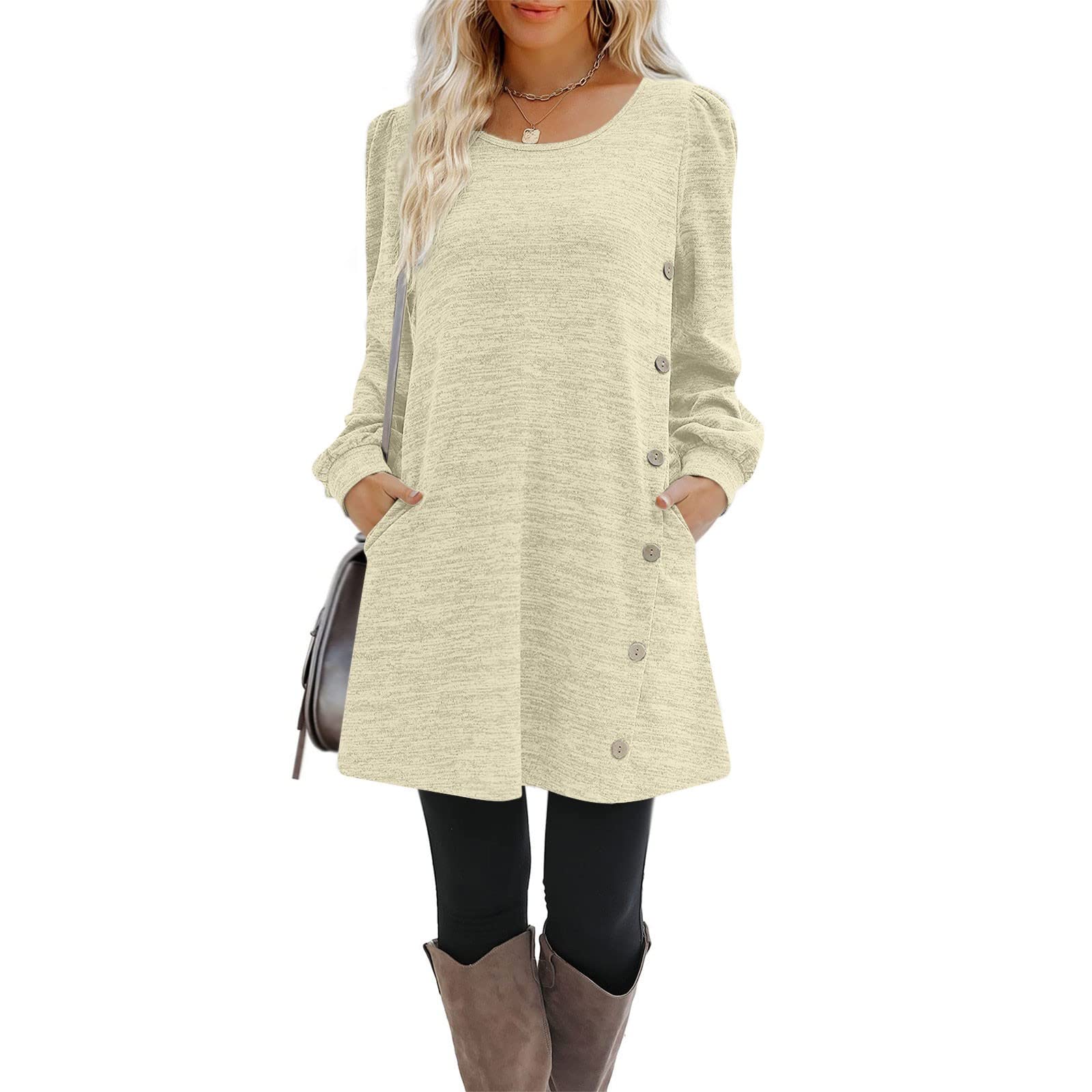 XPSJBBB Dresses for Women 2023 Long Sleeve Solid Color Shirt Dress Plus Round Neck Button Side Sweater Dresses Fall Clothes, Christmas Dresses for Women