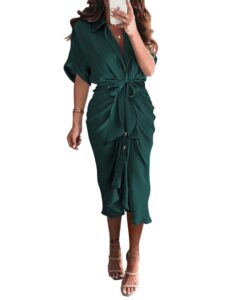 btfbm women 2024 button down ruched shirt dresses short sleeve lapel v neck elegant party spring summer maxi satin dress(short sleeve dark green, large)