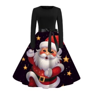 christmas dresses women's vintage cocktail dress sleeveless round neck dress santa print flare swing dress holiday dress