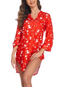 ekouaer women's soft nightgowns v neck button down warm pajamas dress christmas sleep shirts