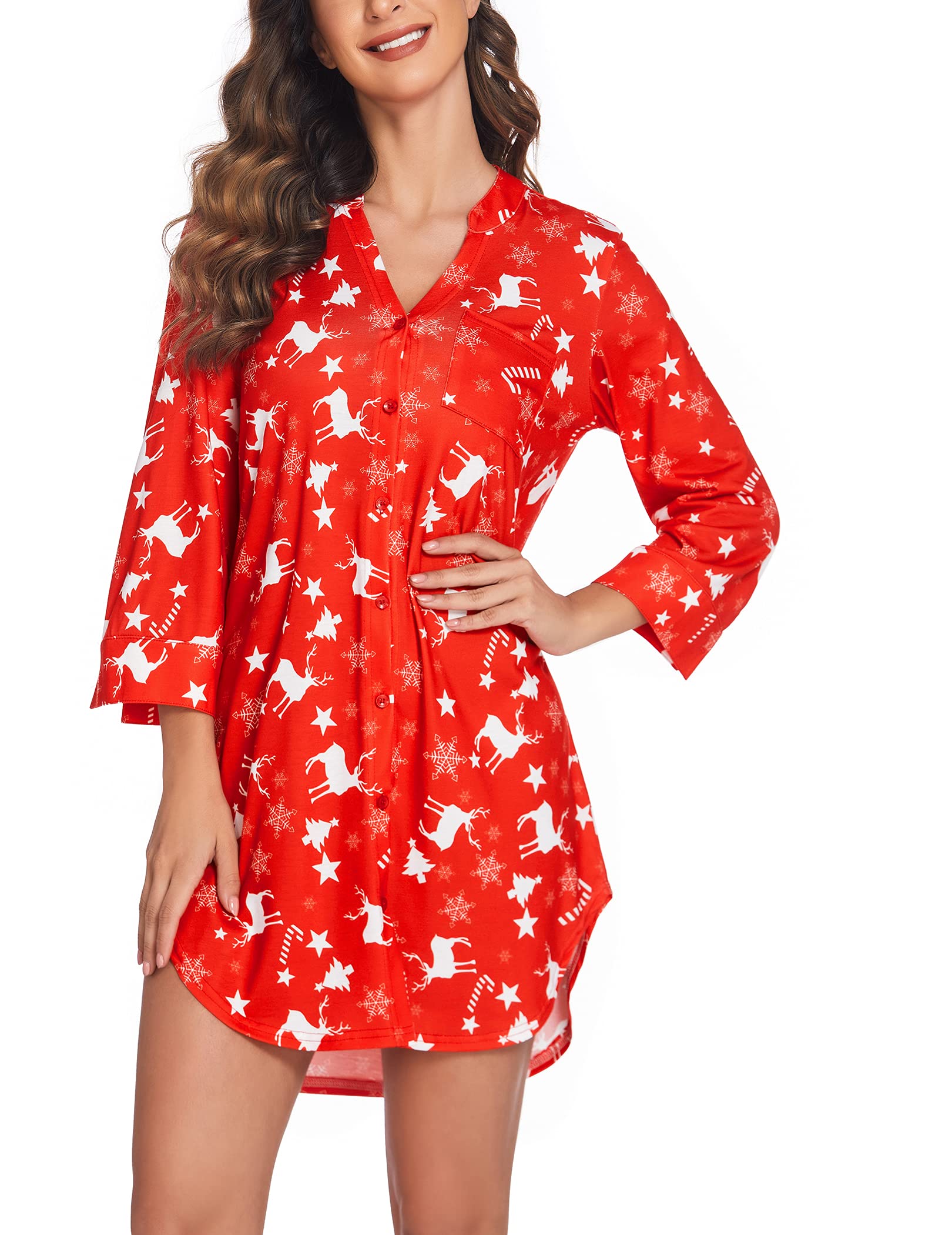 Ekouaer Women's Soft Nightgowns V Neck Button Down Warm Pajamas Dress Christmas Sleep Shirts