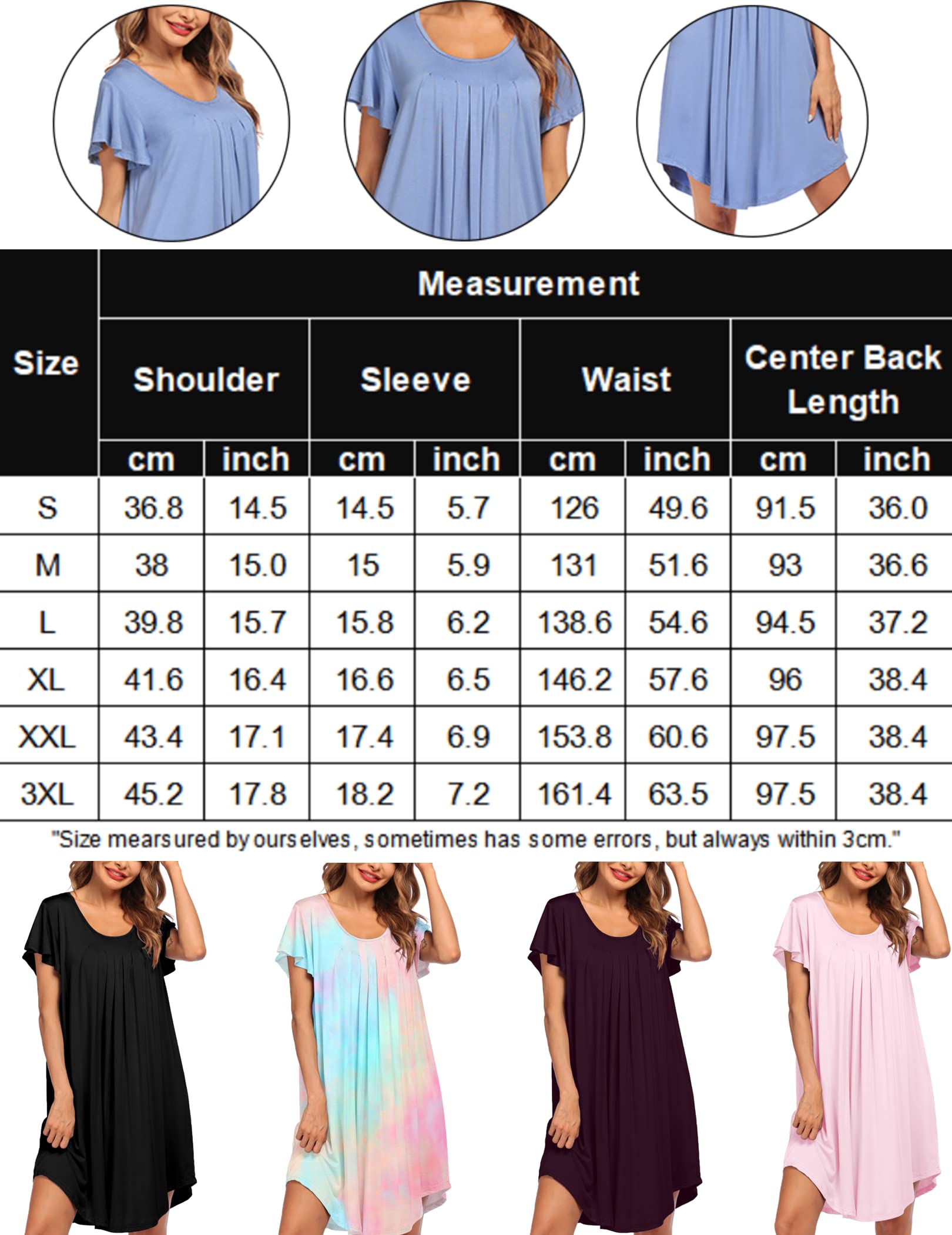 Ekouaer Womens Nightgown Soft Sleepwear Pleated Sleepshirt Sleep Dress Short Sleeve Nightdress Christmas 3XL