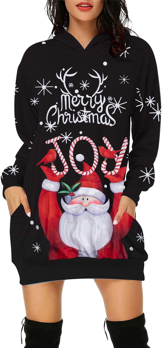 MNLYBABY Women's Christmas Hooded Sweatshirt Funny Santa Graphic Shirt Long Sleeve Pullover Tunic Hoodie Dress with Pockets Black