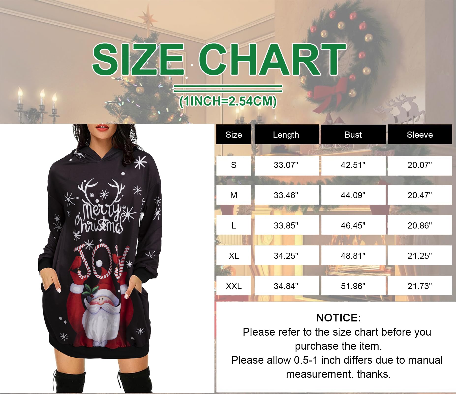 MNLYBABY Women's Christmas Hooded Sweatshirt Funny Santa Graphic Shirt Long Sleeve Pullover Tunic Hoodie Dress with Pockets Black