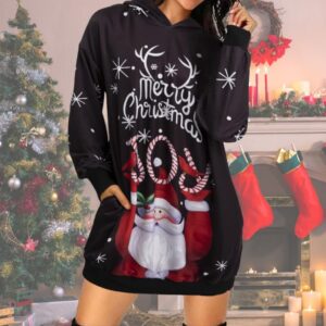 MNLYBABY Women's Christmas Hooded Sweatshirt Funny Santa Graphic Shirt Long Sleeve Pullover Tunic Hoodie Dress with Pockets Black