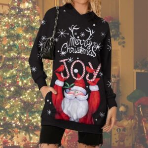 MNLYBABY Women's Christmas Hooded Sweatshirt Funny Santa Graphic Shirt Long Sleeve Pullover Tunic Hoodie Dress with Pockets Black