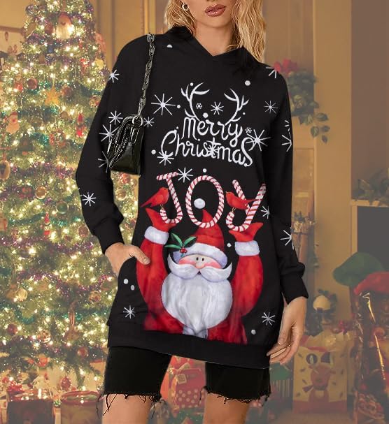 MNLYBABY Women's Christmas Hooded Sweatshirt Funny Santa Graphic Shirt Long Sleeve Pullover Tunic Hoodie Dress with Pockets Black