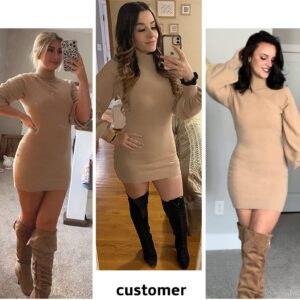 EXLURA Women's Mock Neck Ribbed Long Sleeve Bodycon Pullover Cute Mini Sweater Dress Apricot