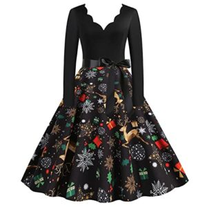 vintage christmas dress for women casual long sleeve v neck cocktail pary dress patchwork floral print swing dress