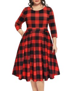 plaid dresses women plus size christmas buffalo black red holiday xmas party fit flare pockets long sleeve midi dress