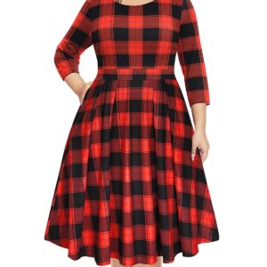 Plaid Dresses Women Plus Size Christmas Buffalo Black Red Holiday Xmas Party Fit Flare Pockets Long Sleeve Midi Dress