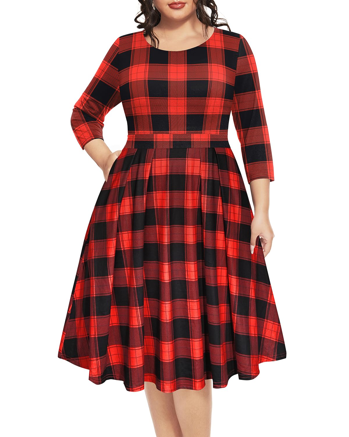 Plaid Dresses Women Plus Size Christmas Buffalo Black Red Holiday Xmas Party Fit Flare Pockets Long Sleeve Midi Dress