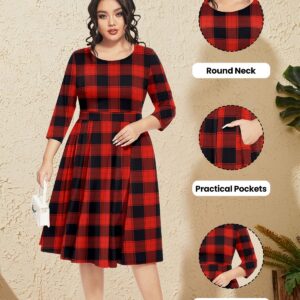 Plaid Dresses Women Plus Size Christmas Buffalo Black Red Holiday Xmas Party Fit Flare Pockets Long Sleeve Midi Dress