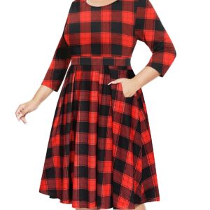 Plaid Dresses Women Plus Size Christmas Buffalo Black Red Holiday Xmas Party Fit Flare Pockets Long Sleeve Midi Dress