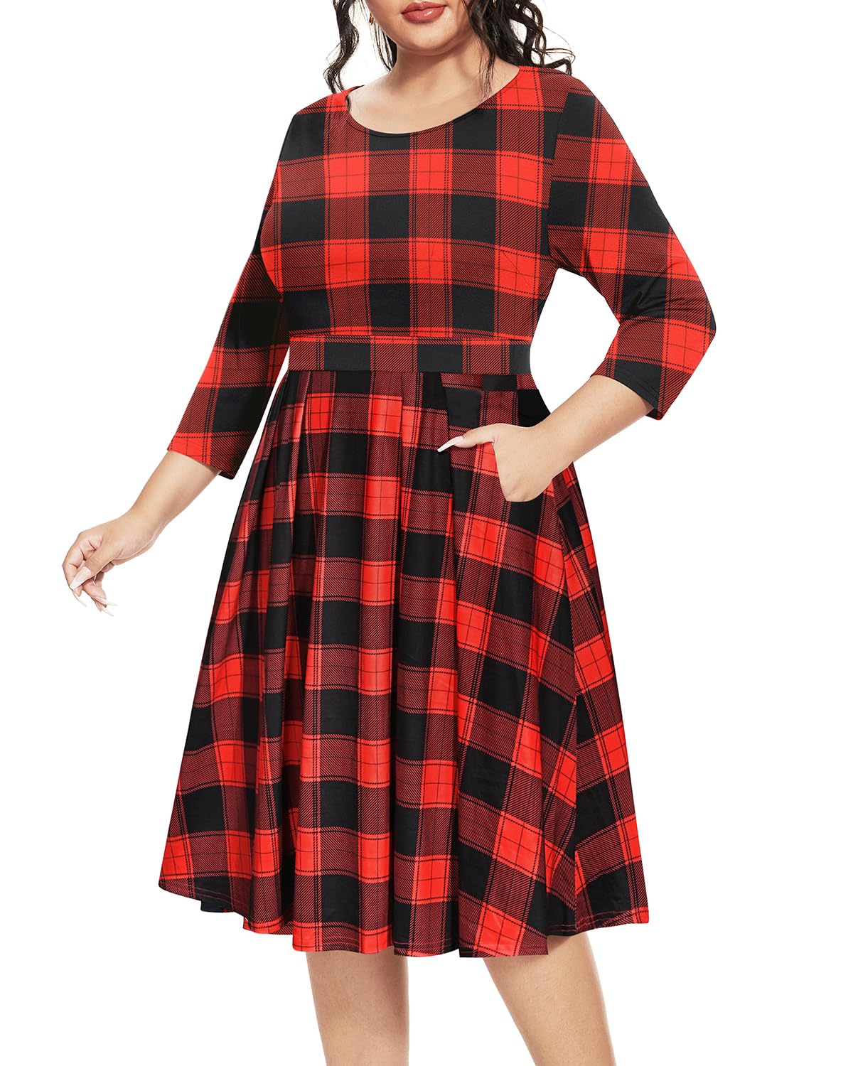 Plaid Dresses Women Plus Size Christmas Buffalo Black Red Holiday Xmas Party Fit Flare Pockets Long Sleeve Midi Dress