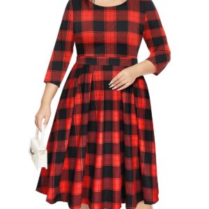 Plaid Dresses Women Plus Size Christmas Buffalo Black Red Holiday Xmas Party Fit Flare Pockets Long Sleeve Midi Dress