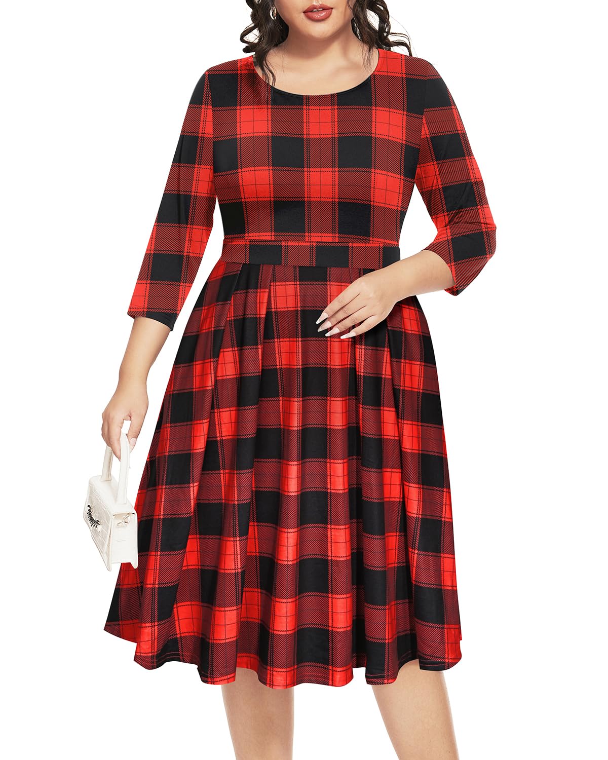 Plaid Dresses Women Plus Size Christmas Buffalo Black Red Holiday Xmas Party Fit Flare Pockets Long Sleeve Midi Dress