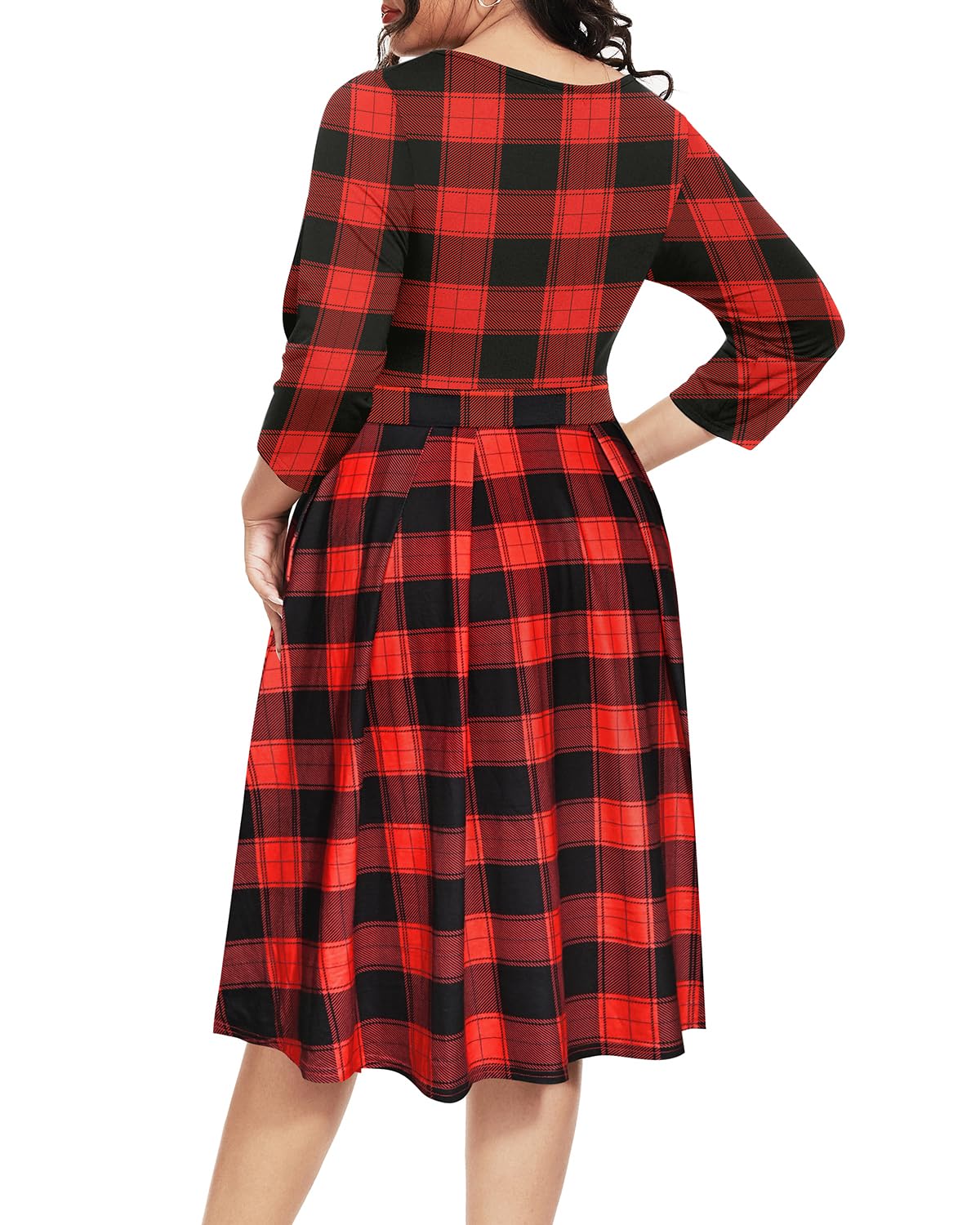 Plaid Dresses Women Plus Size Christmas Buffalo Black Red Holiday Xmas Party Fit Flare Pockets Long Sleeve Midi Dress