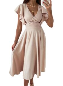 dokotoo womens midi formal wedding guest dresses v neck elegant party skater dress valentines dress for women summer dress apricot 2xl