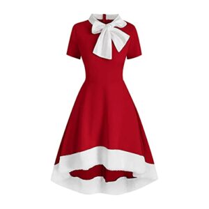 womens christmas midi dresses short sleeve tie neck high low dress mrs santa claus costume cosplay outfits party dress red