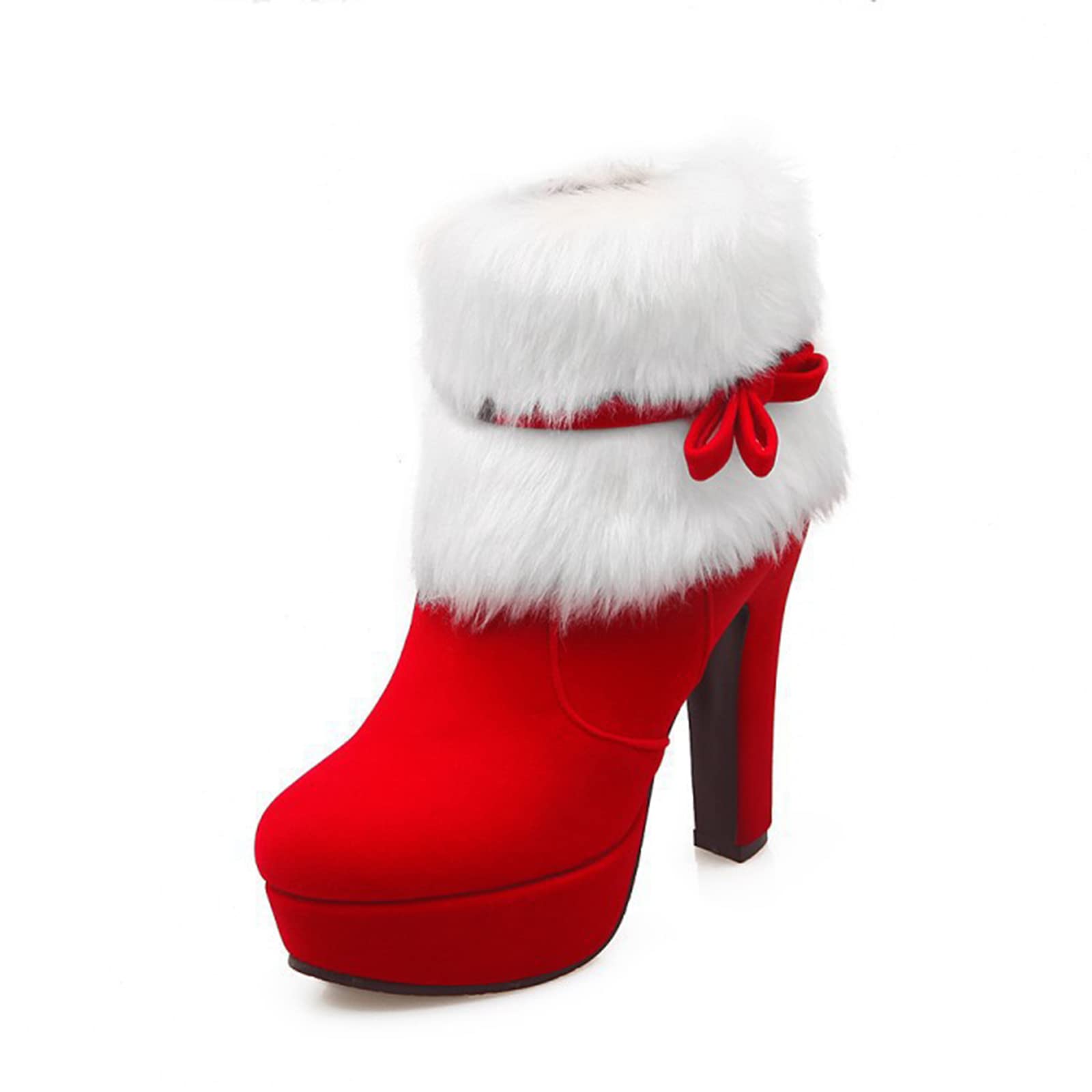 PURCHAWEE Women's Winter Fur Ankle Boots Christmas Boots,Bow Decor Side Zipper Fur Closure Chunky High Heel Santa Boots Snow Boots (6.5,Red,6.5)