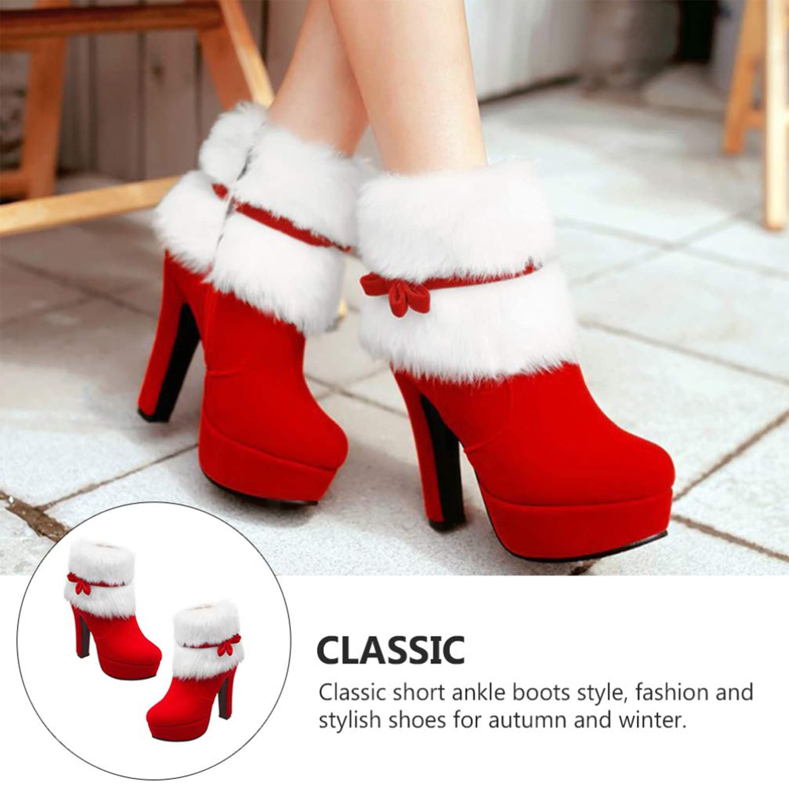 PURCHAWEE Women's Winter Fur Ankle Boots Christmas Boots,Bow Decor Side Zipper Fur Closure Chunky High Heel Santa Boots Snow Boots (6.5,Red,6.5)