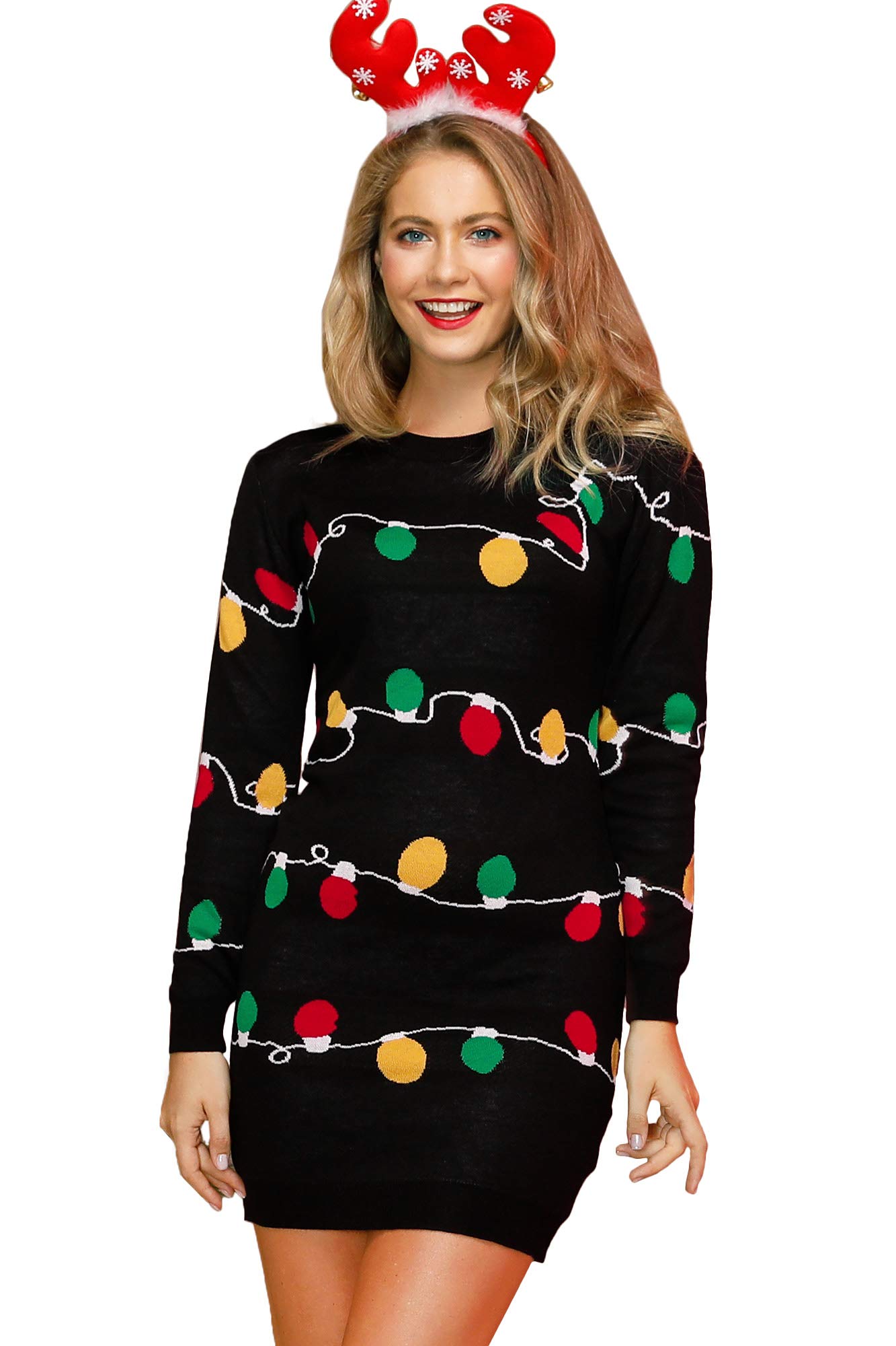 Christmas Womens Tight Crew Neck Ugly Sweater Dress Elf Casual Long Sleeve A Line Holiday Santa Costume Xmas Light L