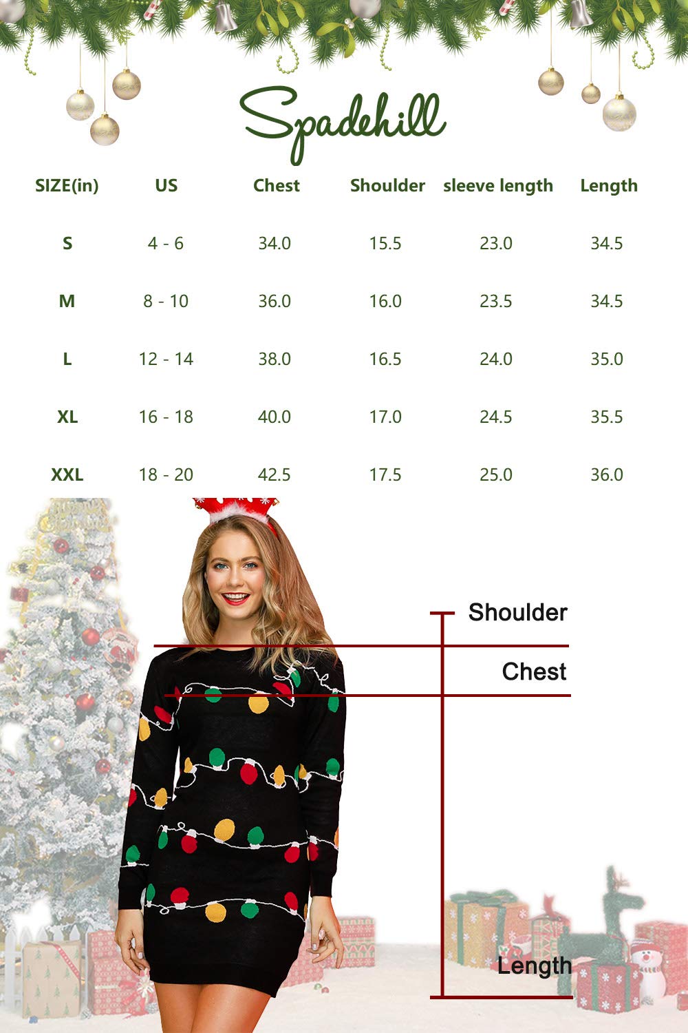 Christmas Womens Tight Crew Neck Ugly Sweater Dress Elf Casual Long Sleeve A Line Holiday Santa Costume Xmas Light L