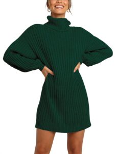 anrabess women oversized turtleneck batwing long sleeve 2024 fall casual baggy loose cozy rib knit short mini sweater dress dark green small