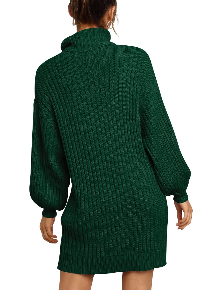 ANRABESS Women Oversized Turtleneck Batwing Long Sleeve 2024 Fall Casual Baggy Loose Cozy Rib Knit Short Mini Sweater Dress Dark Green Small