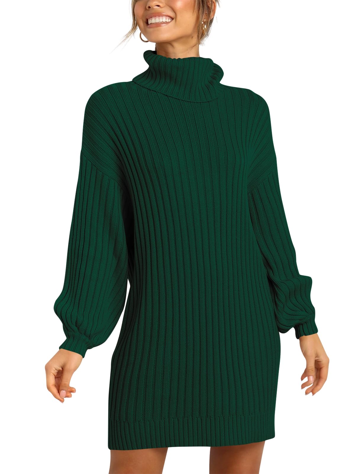 ANRABESS Women Oversized Turtleneck Batwing Long Sleeve 2024 Fall Casual Baggy Loose Cozy Rib Knit Short Mini Sweater Dress Dark Green Small