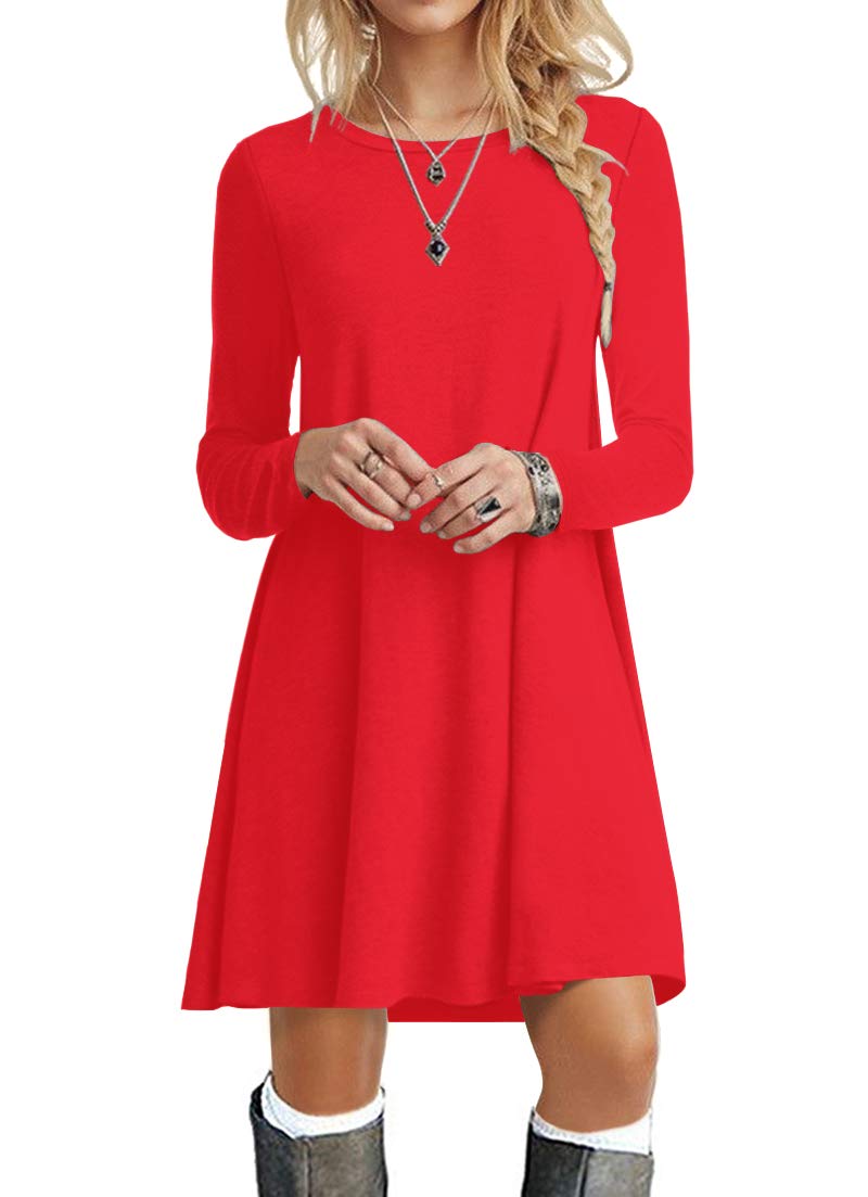 POPYOUNG Spring Dresses for Women 2023 Long Sleeve T Shirt Dresses Casual Swing Dress M, Red