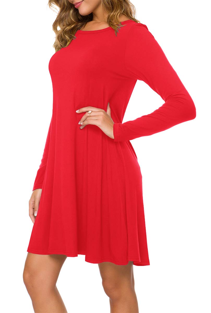 POPYOUNG Spring Dresses for Women 2023 Long Sleeve T Shirt Dresses Casual Swing Dress M, Red