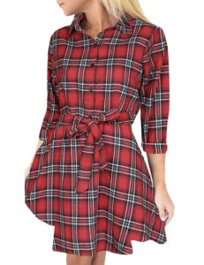 fancyinn womens christmas plaid dresses flannel button down long sleeve shirt dress winter casual dresses mini dress with pockets red & white & black l