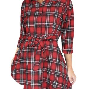 FANCYINN Womens Christmas Plaid Dresses Flannel Button Down Long Sleeve Shirt Dress Winter Casual Dresses Mini Dress with Pockets Red & White & Black L