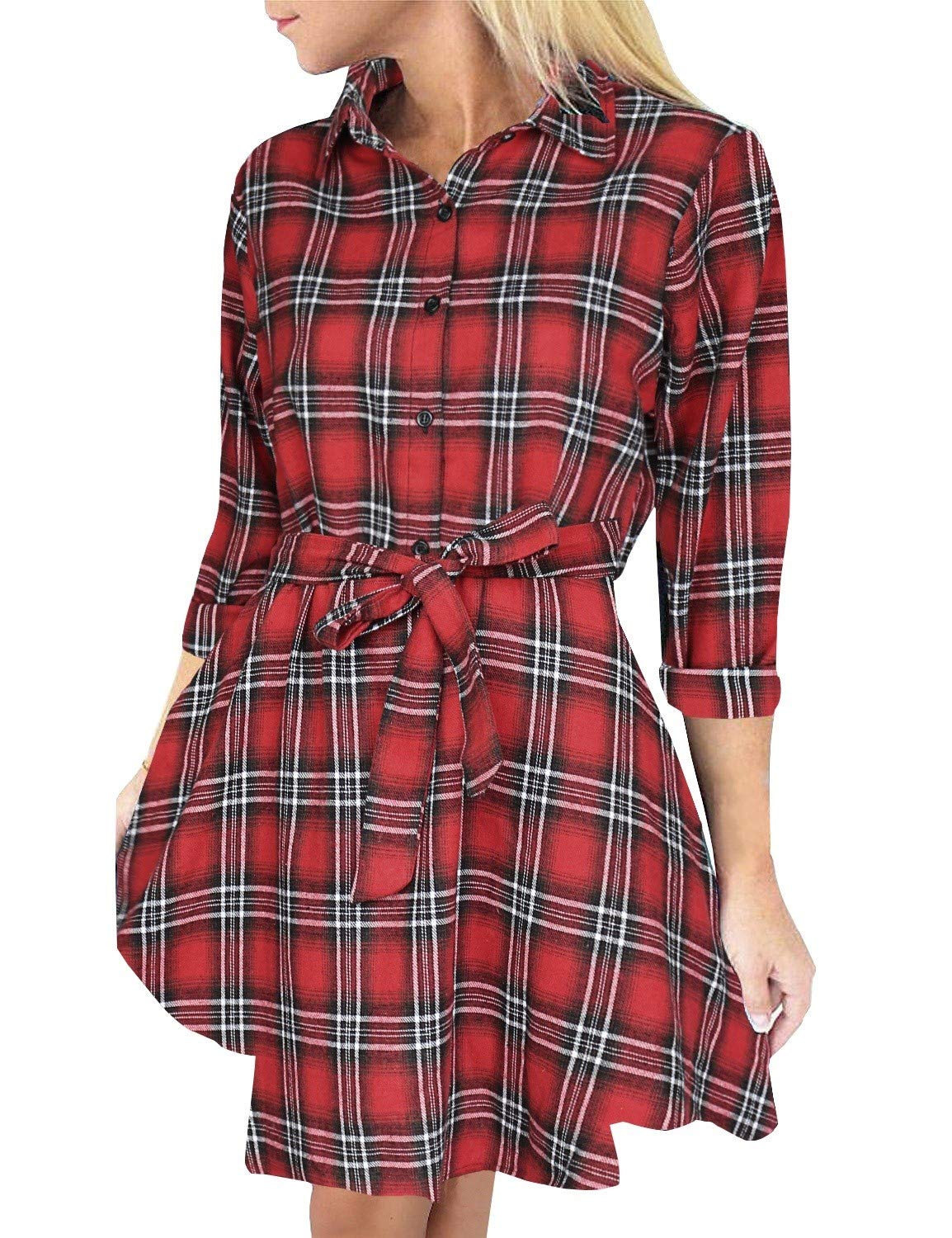 FANCYINN Womens Christmas Plaid Dresses Flannel Button Down Long Sleeve Shirt Dress Winter Casual Dresses Mini Dress with Pockets Red & White & Black L